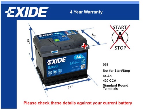 Car Battery EB442 Exide 063 420A 44Ah 4Yr Warranty 207x175x175 Excell ...
