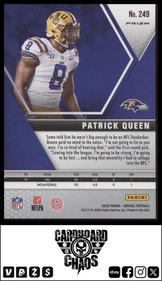 Patrick Queen 2020 Mosaic Prizm Red Refractor RC Ravens Steelers Tigers ...