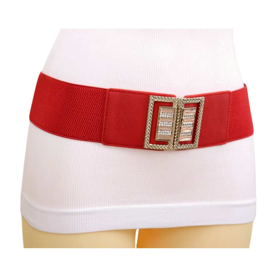 Women Red Elastic Wide Fashion Cool Chic Belt Bling Metal Square Buckle ...