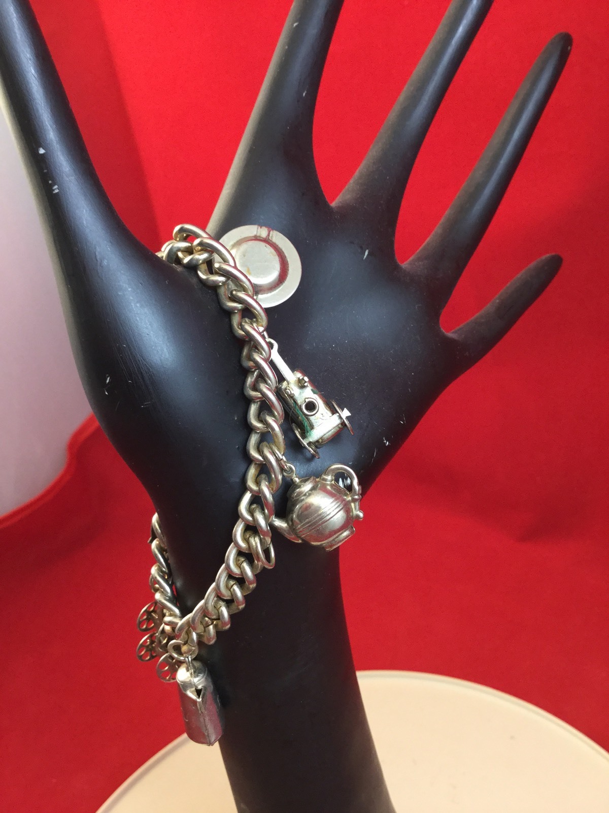 VTG 6 Charm Silver Bracelet Tea Coffee Pots Wagons Fry Pans Ash Tray ...