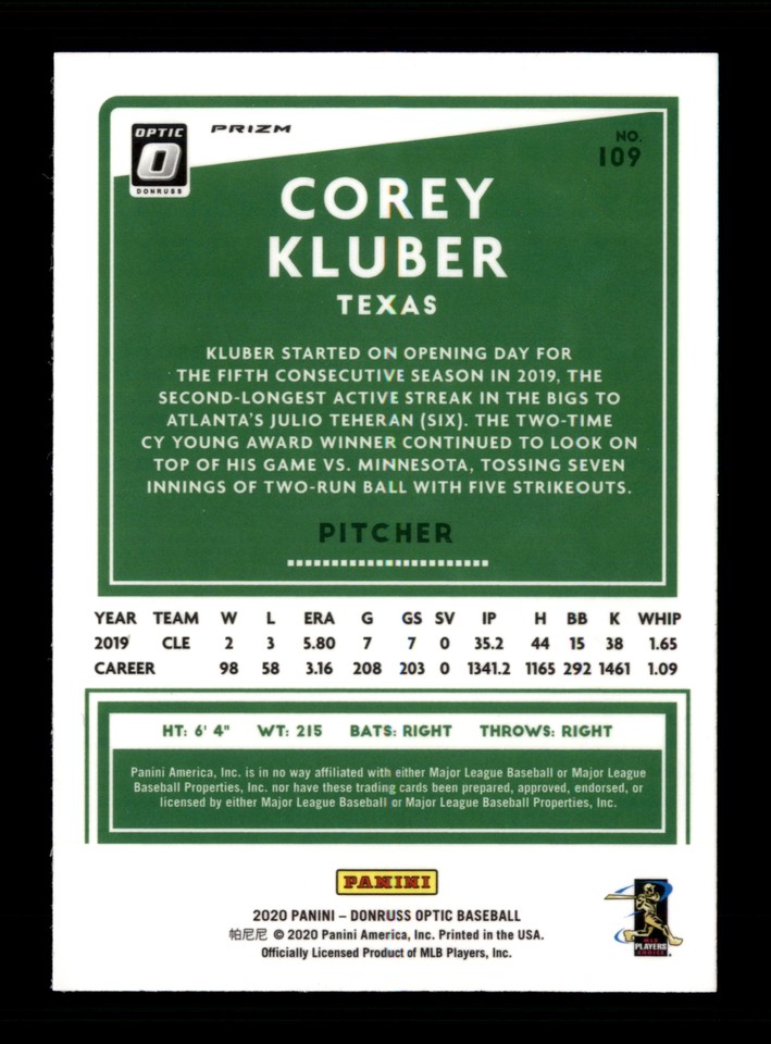 2020 Donruss Optic Lime Green #109 Corey Kluber Texas Rangers Baseball ...