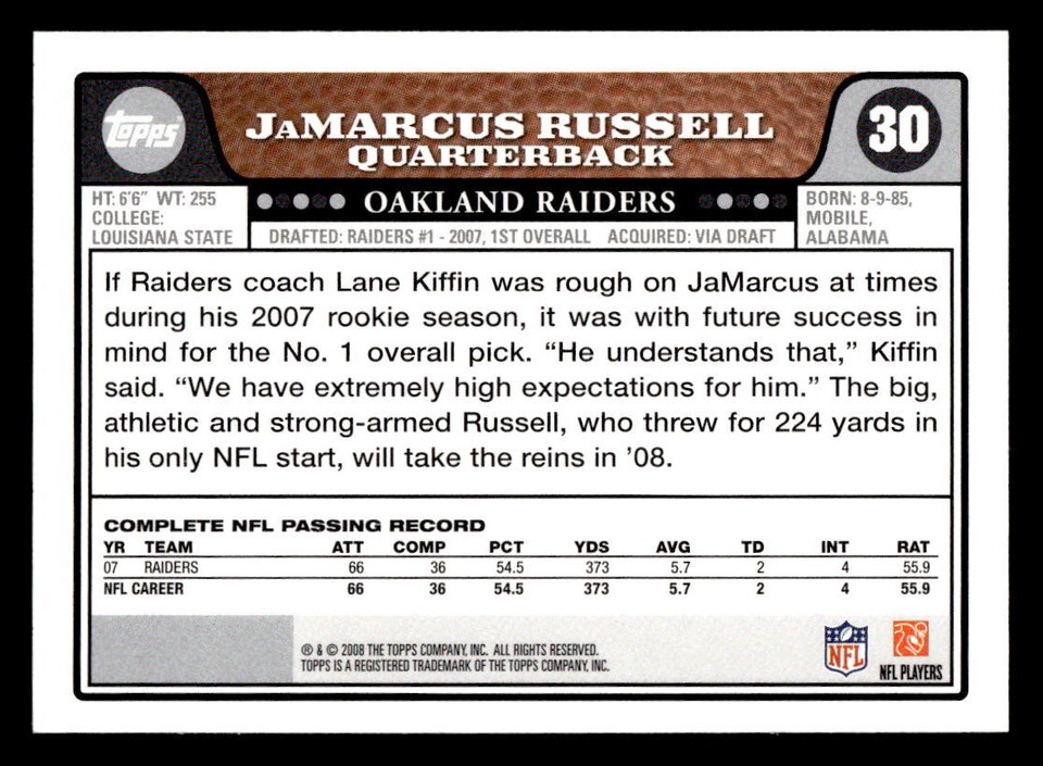 2008 Topps JaMarcus Russell #30 Oakland Raiders Football Card | eBay