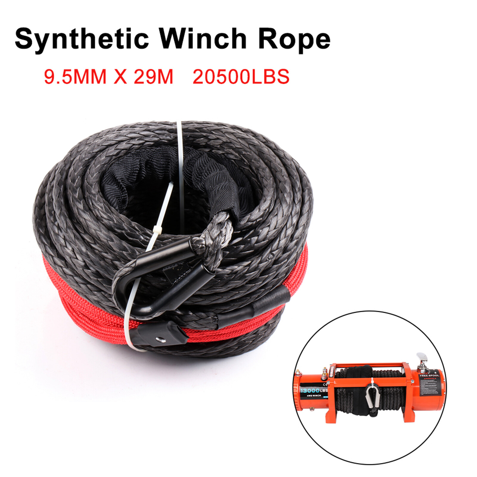 20500LBS Winch Rope Synthetic Line Black Recovery Cable 4WD ATV SUV 3/8 ...