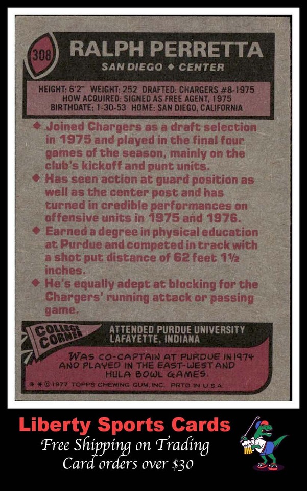 1977 Topps Ralph Perretta #308 Authentic Autographed Card San Diego ...