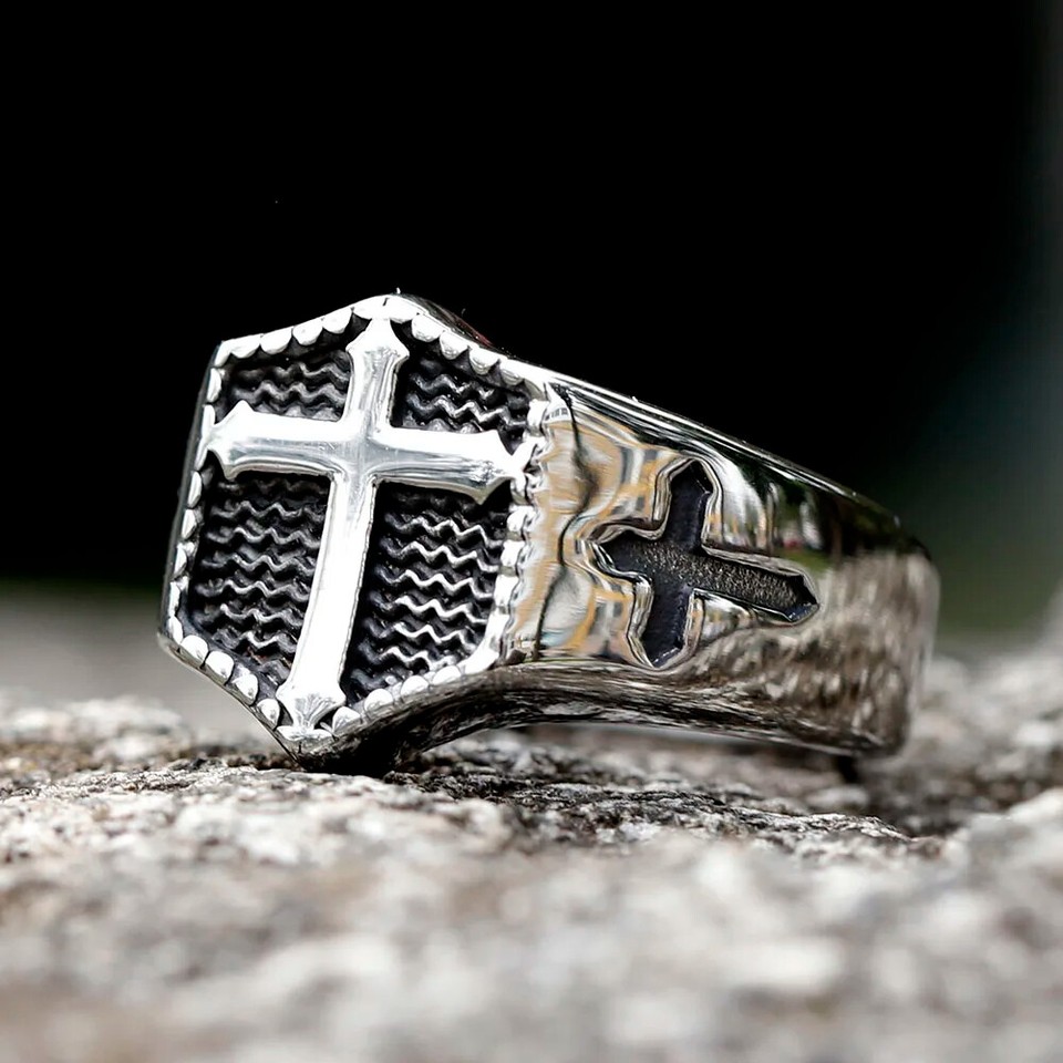 Stainless Steel Religious Cross Style Ring Men Punk Amulet Biker ...
