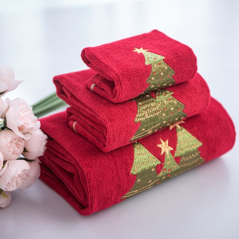 Xmas 100% Cotton Embroidered Bathroom Christmas 3 Piece Towel Set ...