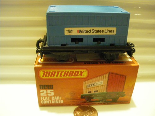 LESNEY MATCHBOX 1977 MB25C LIGHT BLUE US LINES CONTAINER FLAT CAR MINT ...