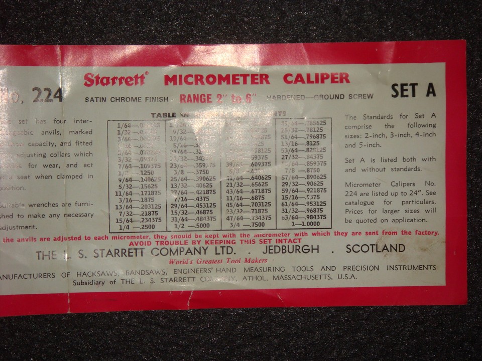 Starrett Micrometer Caliper #224 set A 2"-6" W/Case New | eBay
