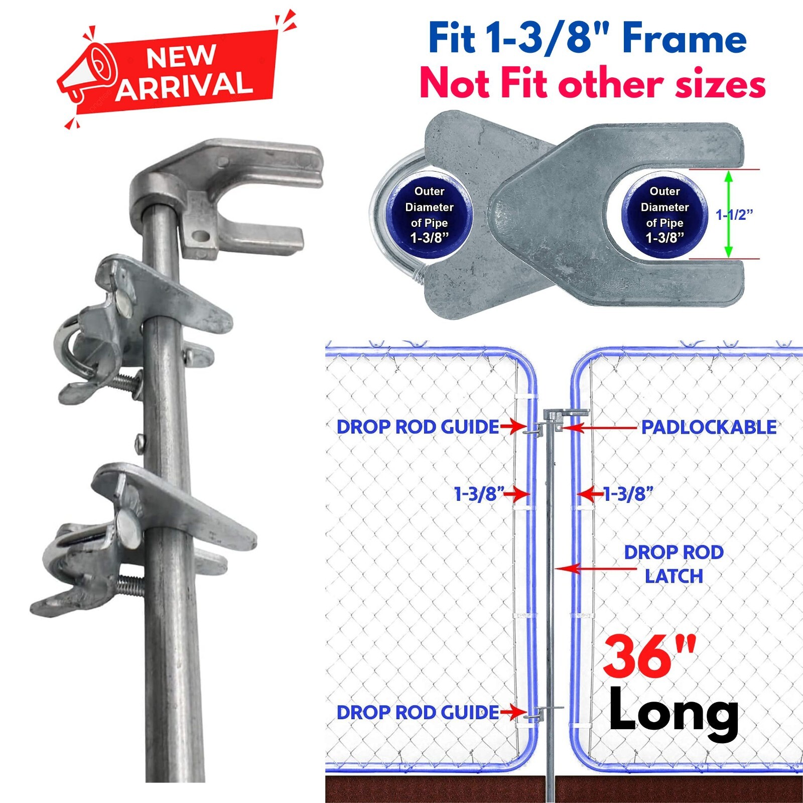 36" Chain Link Drop Rod/PIN Latch for 1-3/8" Frame Double Gate Chain ...