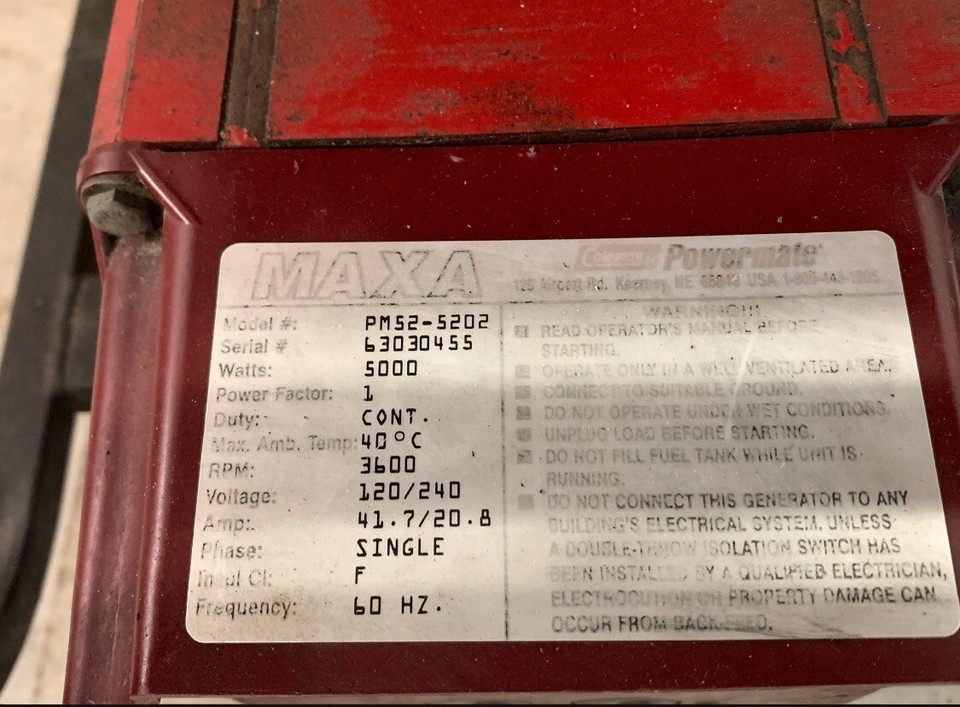 COLEMAN POWERMATE GENERATOR 5000 MAXA ER - 10 HP TECUMSEH ENGINE - MADE ...
