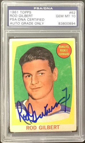 Rod Gilbert Signed 1961-62 Topps #62 Rookie Card NY Rangers PSA/DNA HOF ...