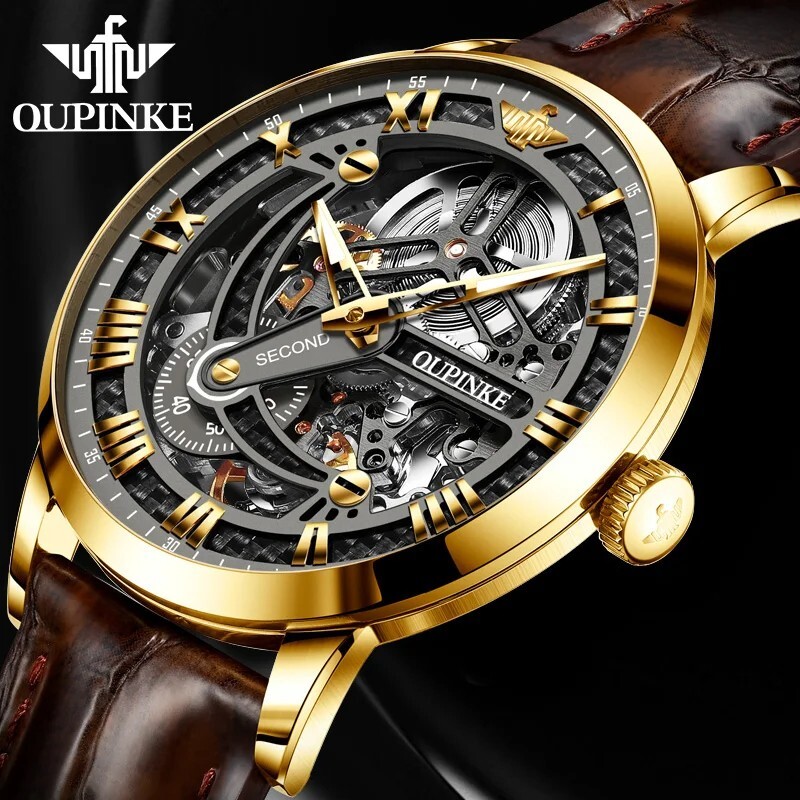 Automatic Waterproof Mechanical Watch Men's Leather Luxury Skeleton Men ...