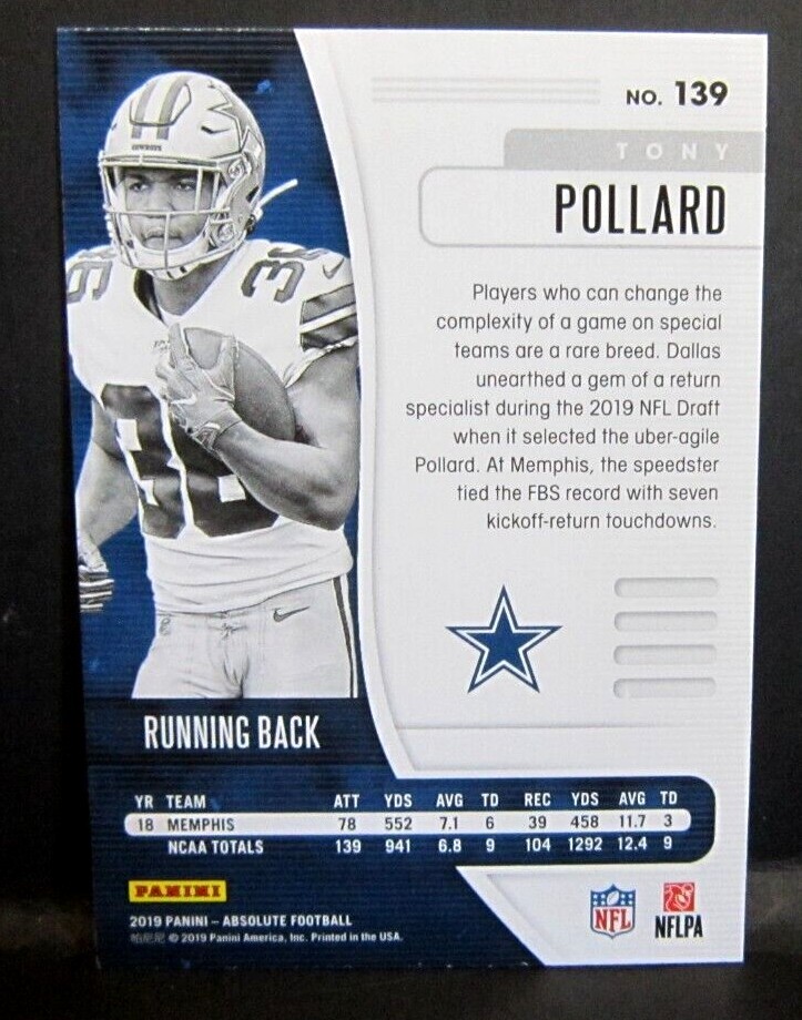 Tony Pollard 2019 Panini Absolute Memorabilia Foil Rookie Card#139 ...