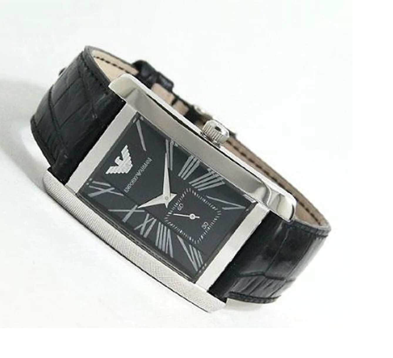 NEW EMPORIO ARMANI MENS WATCH AR0143 RECTANGLE SILVER CASE & BLACK DIAL ...