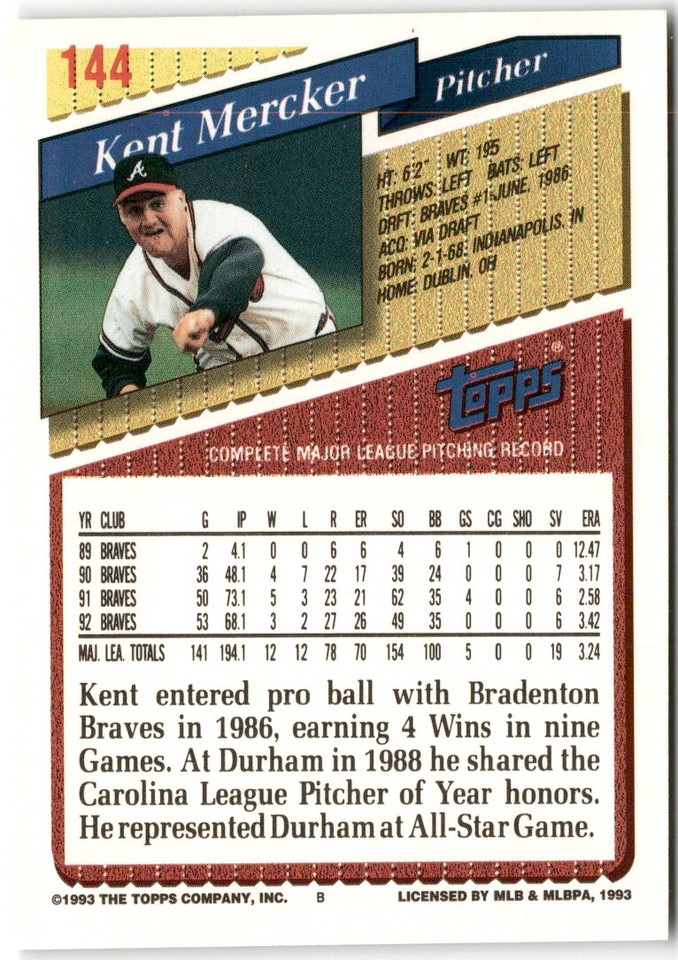 1993 Topps #144 Kent Mercker Gold Atlanta Braves | eBay