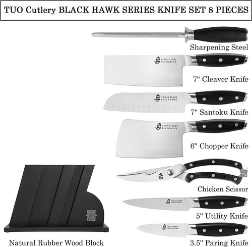 TUO Knife Set - 8 Pcs Kitchen Knife Set with Wooden Block, German HC ...