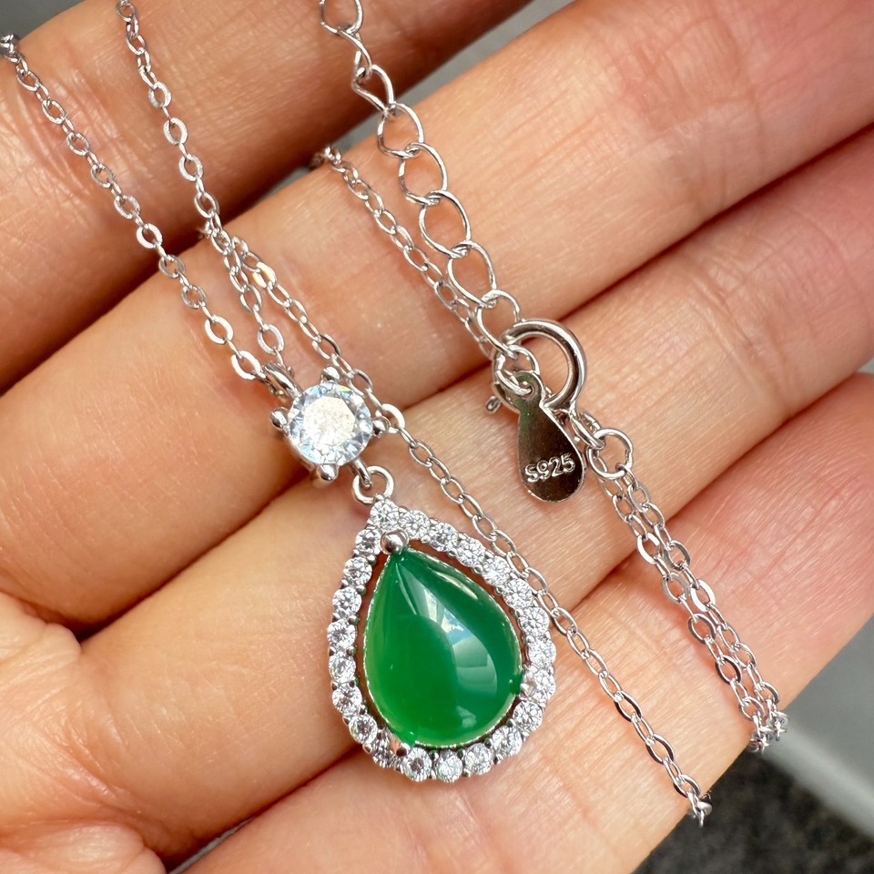 925 Sterling Silver Necklace 10x7mm Emerald Zircon Teardrop Handmade ...