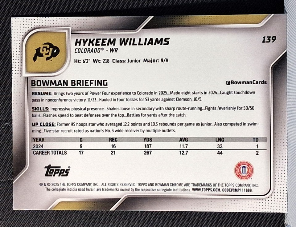 Hykeem Williams 2025 Bowman Chrome U Football #139 University of ...