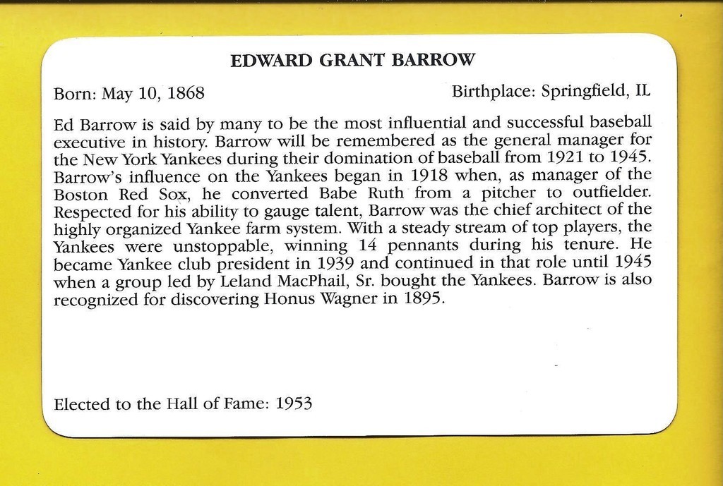 Baseball Hall of Fame flash-pack card: EDWARD G. BARROW, Yankees (1995 ...