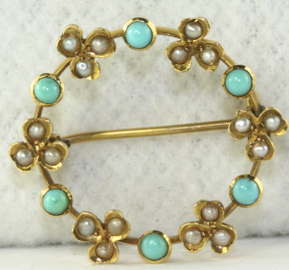 VICTORIAN ANTIQUE 18K GOLD TURQUOISE PEARL CIRCLE PIN | eBay