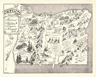 1950s Vintage Oregon State Map Animated Oregon Picture Map BW 2283 | eBay