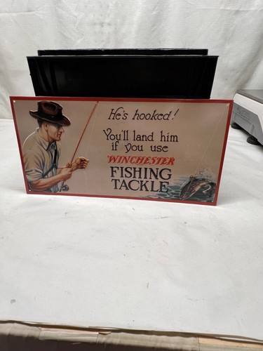 ~VTG.~ "WINCHESTER FISHING" TACKLE METAL ADVERTISING SIGN 8" X 16 1/4 ...