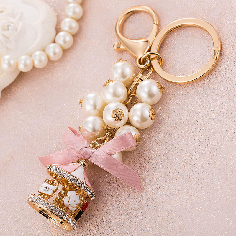Pink/Blue/Black Carousel Keychain Womens Gold Car Key Ring White Pearl ...