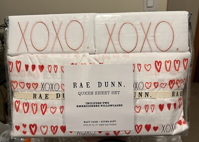Rae Dunn Valentine Sheets 4 Pc Queen Set Red Hearts XOXO Love Valentine ...
