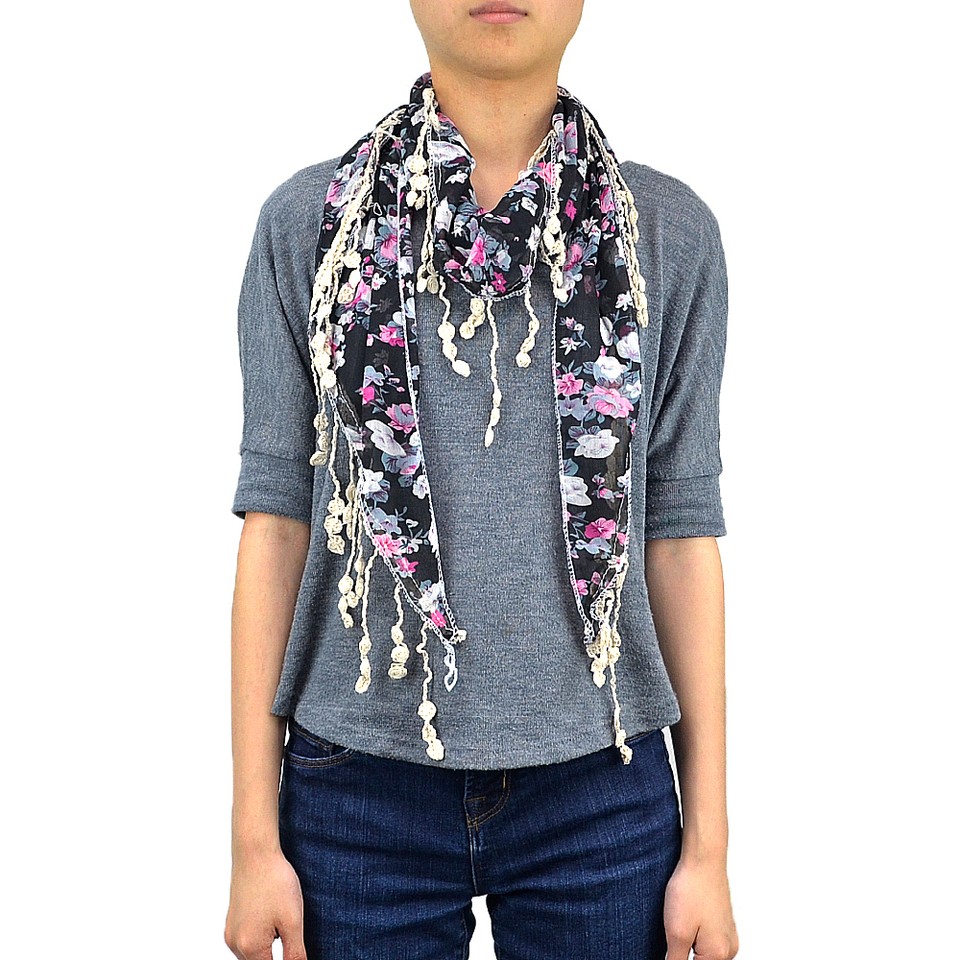 65" Floral Little Flower Triangle Spring Summer Scarf Lace Fringe ...