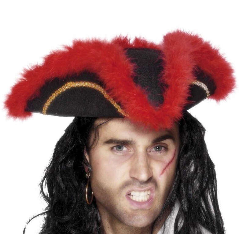 Pirate Tricorn Hat Red Feather Black Gold Braid Marabou Womens Mens ...