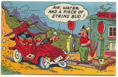 Cartoon Comic Humor Tired Traveler At Gas Station Funny Linen Postcard ...