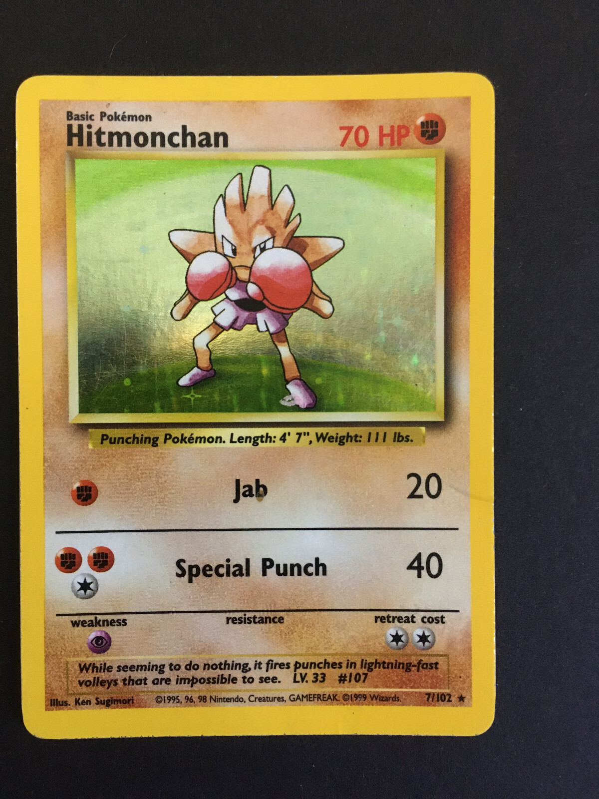 Pokemon Hitmonchan HOLO 7/102 - Base Set - Very Good Condition - Actual ...