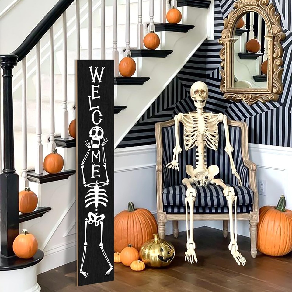 Halloween Porch Sign Boo Sign For Front Porch Skull Wooden Vertical ...