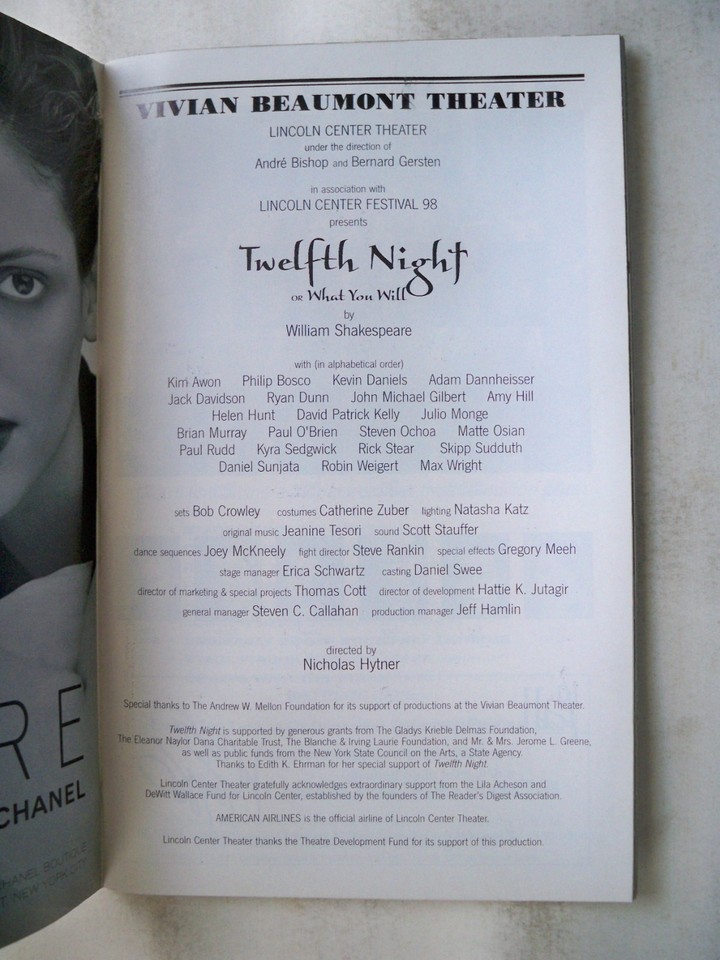 TWELFTH NIGHT Playbill HELEN HUNT / PAUL RUDD / KYRA SEDGWICK NYC 1998 ...