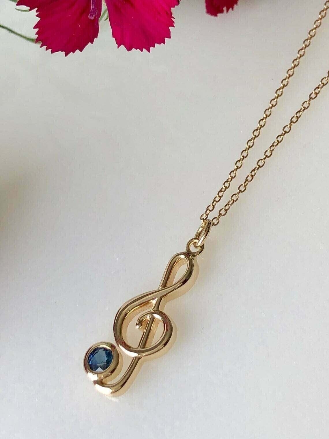 1.00Ct Round Simulated Blue Sapphire Musical Note Pendant 14K Yellow ...