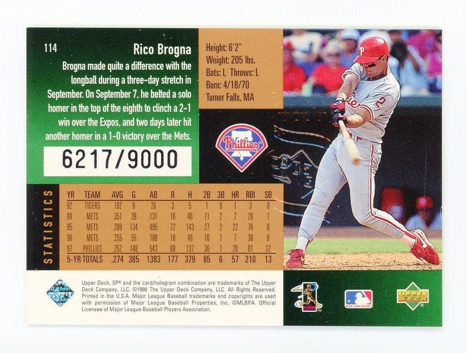 1998 SPx Finite Rico Brogna #114 /9000 Philadelphia Phillies Baseball ...