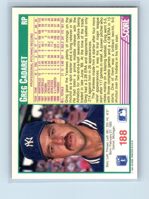 1991 Score - #188 Greg Cadaret for sale online | eBay