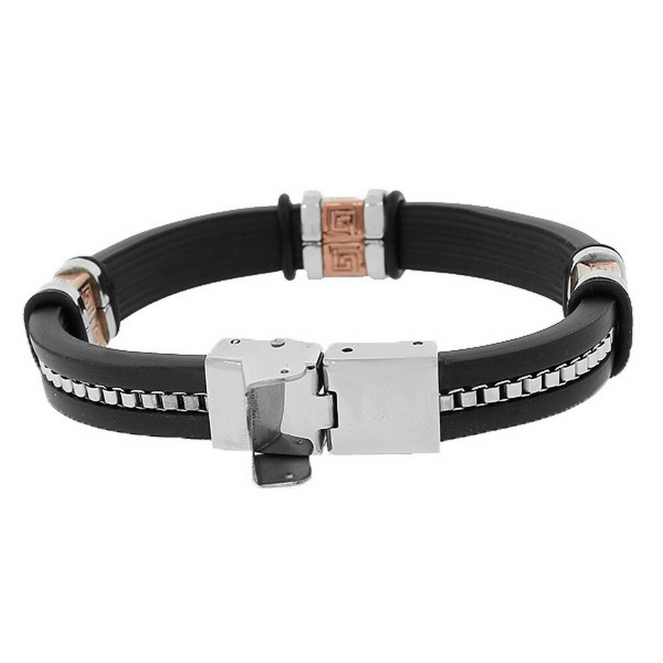 Stainless Steel Black Rubber Silver Rose Gold Tone Chain Greek Key Mens ...
