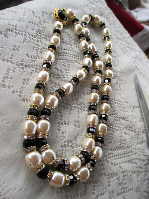 ANN TAYLOR 30" FAUX PEARL BLACK CRYSTAL CLEAR RONDEL NECKLACE VINTAGE ...