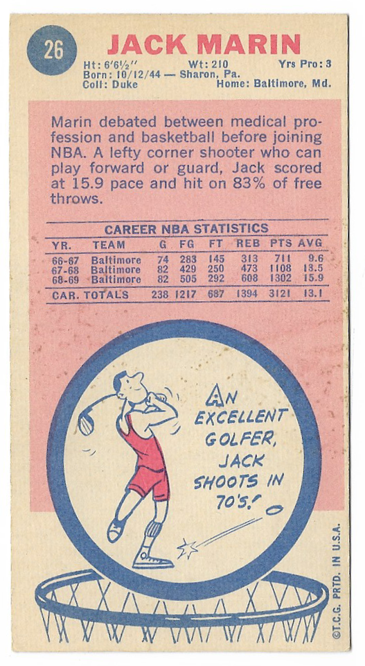 1969 Topps #26 JACK MARIN-VG+ RC BULLETS-FREE USA SHIPPING | eBay