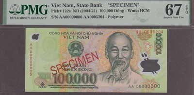 Vietnam 100000 Dong Polymer Specimen Banknote P-122s ND(2004-21) PMG 67 ...