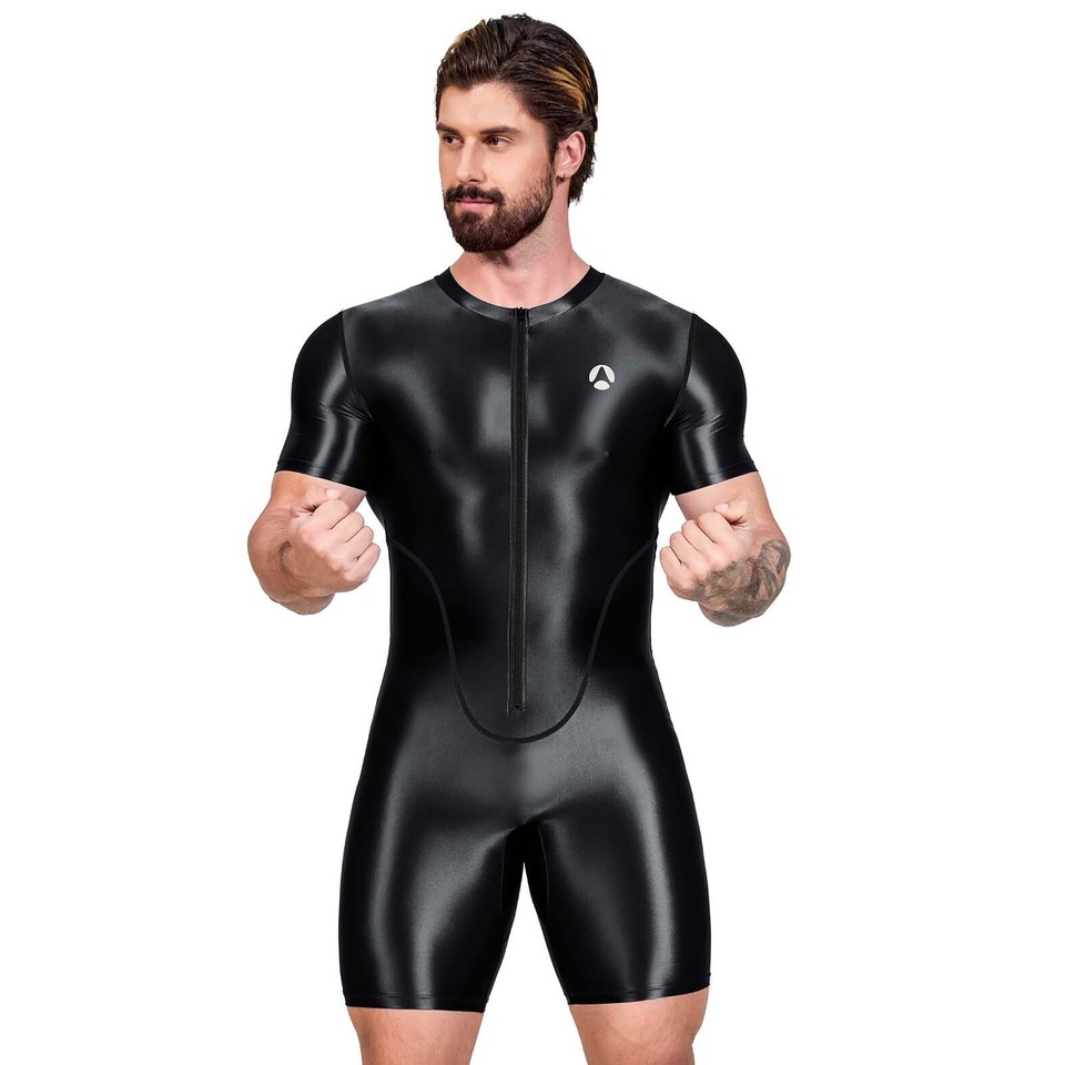 NEW AMORESY Men Shiny Glossy Tracksuits Bodysuit Tights Jumpsuits ...