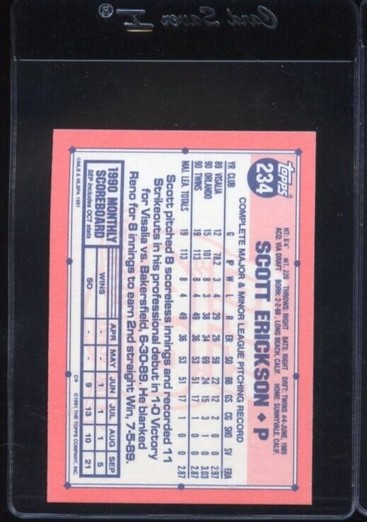 1991 TOPPS TIFFANY #234 SCOTT ERICKSON ROOKIE RC MINNESOTA TWINS | eBay