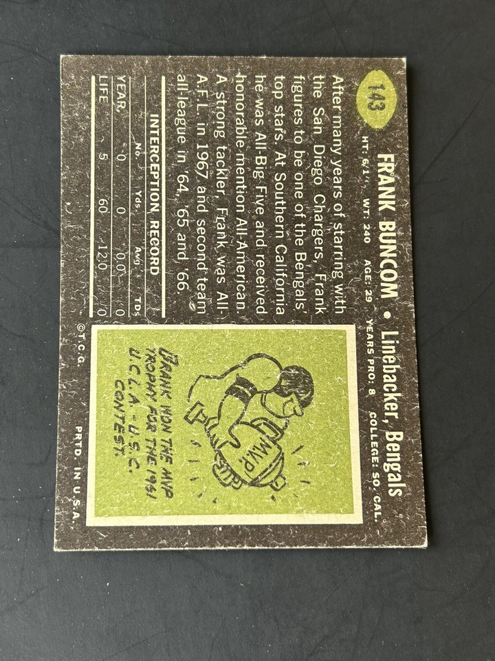 1969 Topps Football #143 Frank Buncom EX/EX+ Cincinnati Bengals USC Set ...