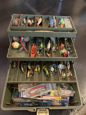 Vintage Tiered Old Pal Tackle box FULL of Lures Accessories Gear Hooks ...