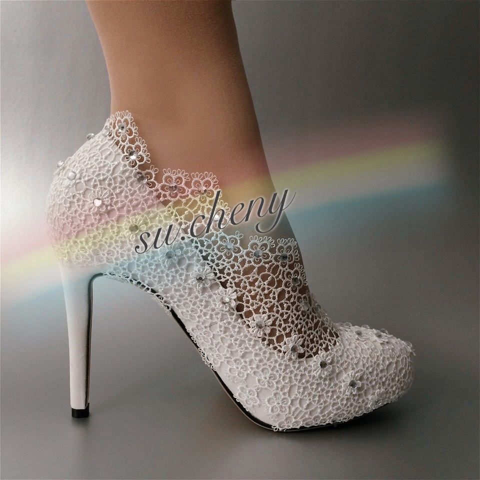 su.cheny White 4" heel platform rhinestone lace Wedding Bridal shoes ...