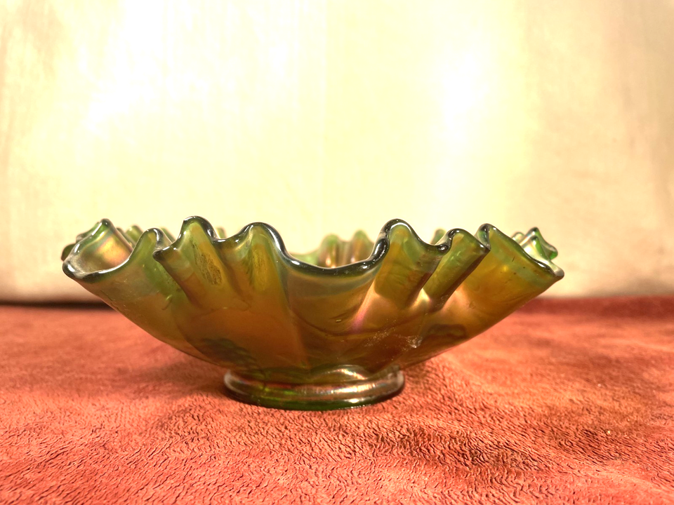 Antique Fenton Green Carnival Glass Bowl Grape Pattern Candy Edge No ...