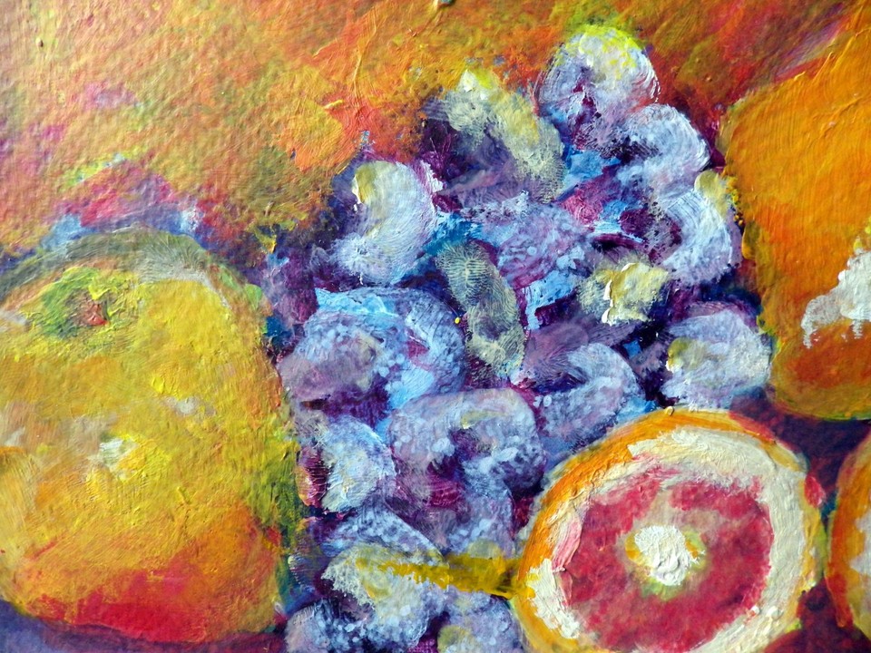 Painting on heavy paper, 19x14cm, still life, fruit, orange, purple ...