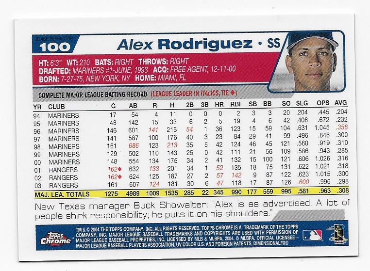ALEX RODRIGUEZ 2004 TOPPS CHROME #100 BLACK REFRACTOR | eBay