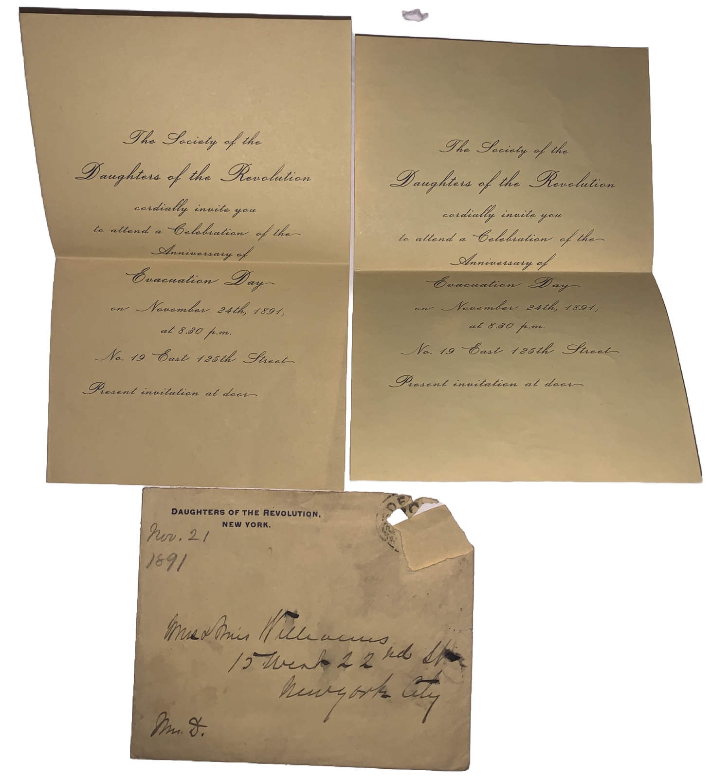 1891, 2 INVITATIONS, DAUGHTERS OF THE REVOLUTION, FLORA ADAMS DARLING ...